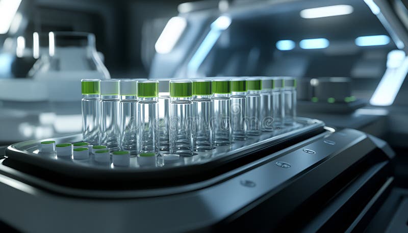 Scientific Laboratory Equipment with Rows of Glass Vials in Controlled ...