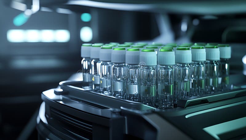Scientific Laboratory Equipment with Rows of Glass Vials in Controlled ...