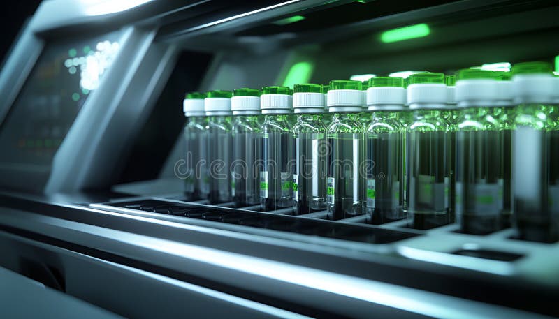 Scientific Laboratory Equipment with Rows of Glass Vials in Controlled ...