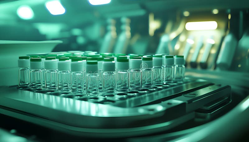 Scientific Laboratory Equipment with Rows of Glass Vials in Controlled ...