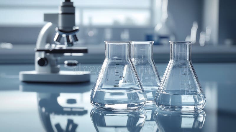 Scientific Laboratory with Glass Flasks and Microscope in Focus Stock ...