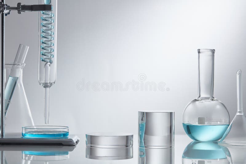 Scientific Laboratory Glassware Group with Transparent Liquid Solution ...