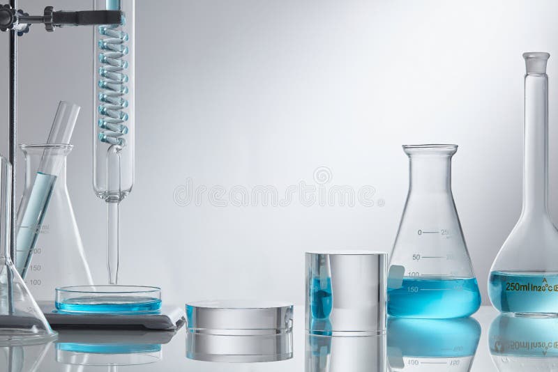 Scientific Laboratory Glassware Group with Transparent Liquid Solution ...