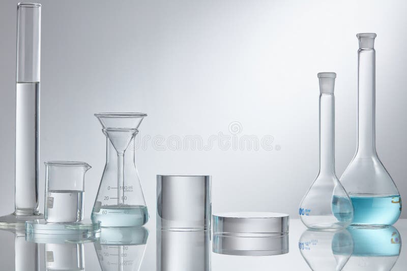Scientific Laboratory Glassware Group with Transparent Liquid Solution ...