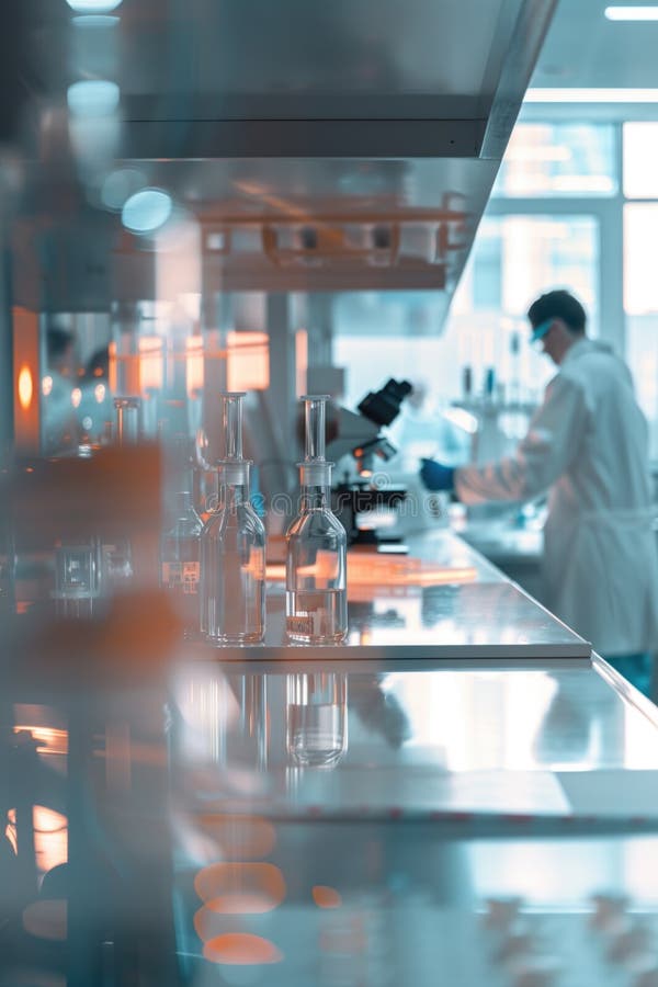 Scientific Laboratory with Glassware and a Scientist Working Under the ...