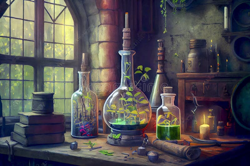 Medieval Science Laboratory. Fantasy Lab with Different Glassware and ...