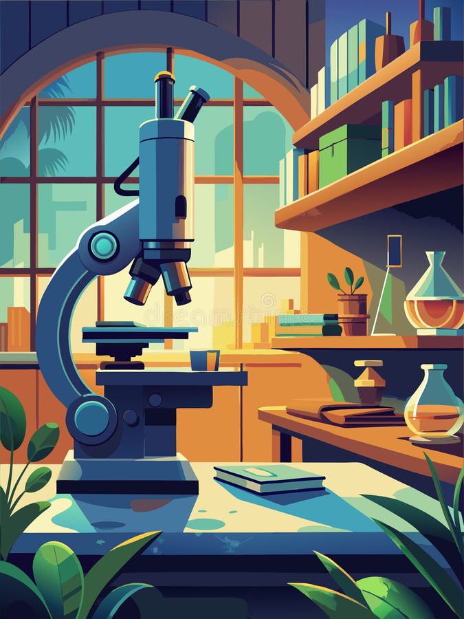 Scientific Laboratory with Microscope and Bookshelves in a Sunlit Room ...