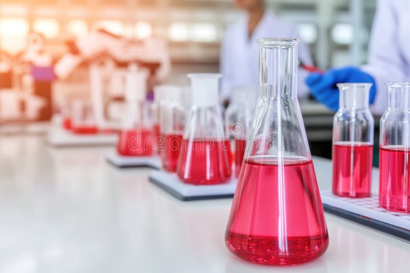 Scientific Laboratory with Red Liquid in Flasks for Advanced Chemical ...