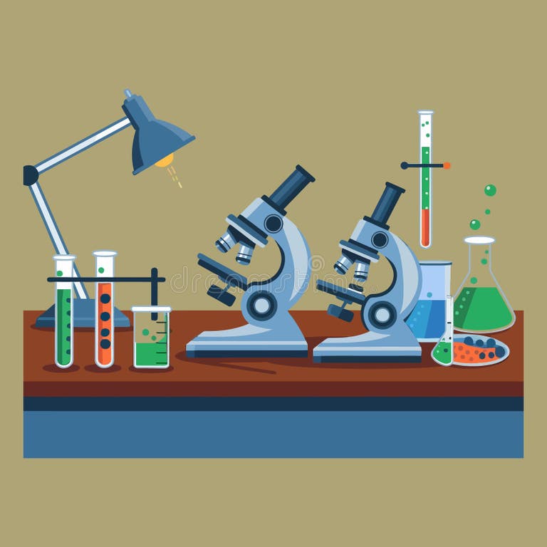 Scientific Laboratory Table with Microscopes and Chemical Glassware ...