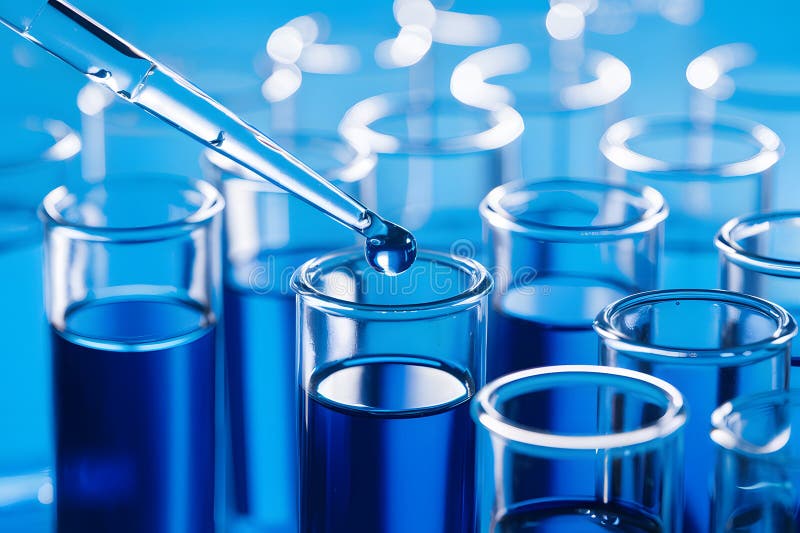 Scientific Laboratory with Test Tubes of Blue Liquid and a Pipette ...