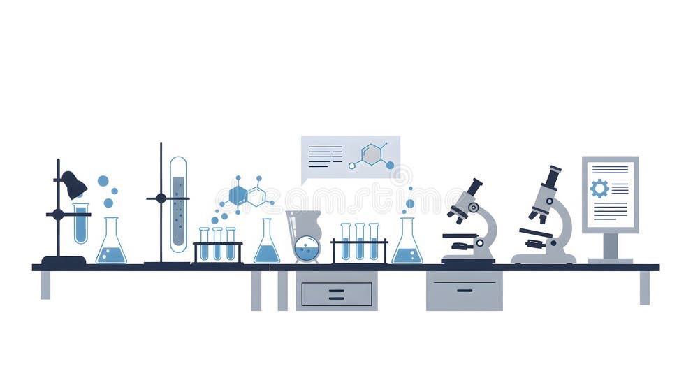 Scientific Laboratory Workspace with Microscopes, Test Tubes, and ...