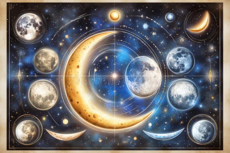 Celestial Chart Planets Moon Phases Vintage Style Stock Photos - Free ...