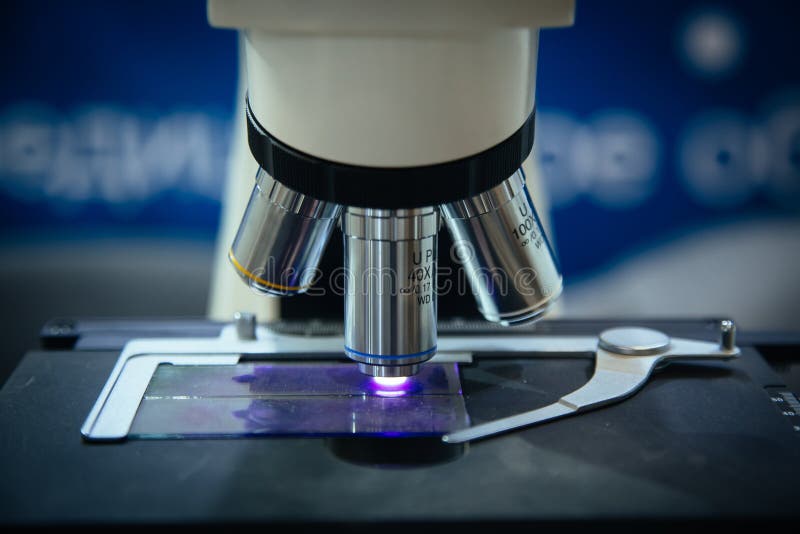 Scientific or Medical Test Sample Under Light Microscope in Laboratory ...