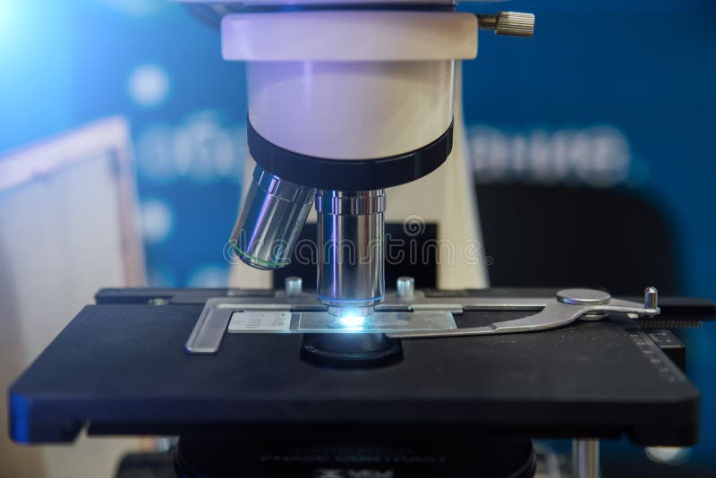 Scientific or Medical Test Sample Under Light Microscope in Laboratory ...