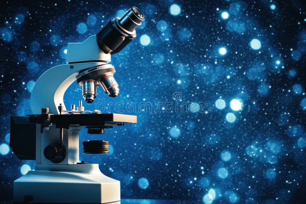 Scientific Microscope on a Blue Background with Bokeh Effect during a ...
