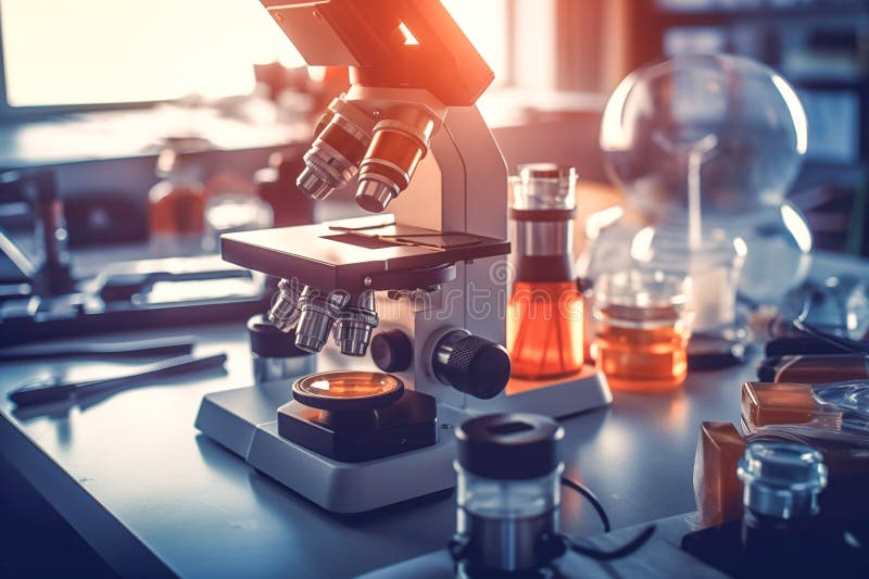 Scientific Optical Microscope with Metal Lens at Laboratory. Laboratory ...