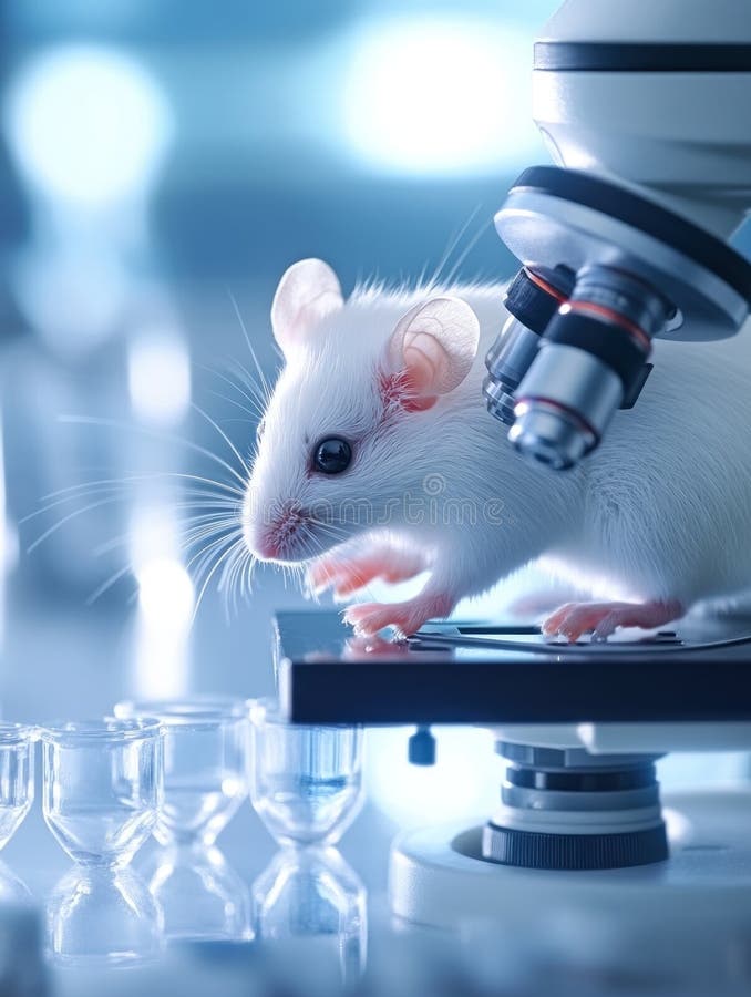 Scientific Research Concept with White Lab Mouse Exploring Microscope ...