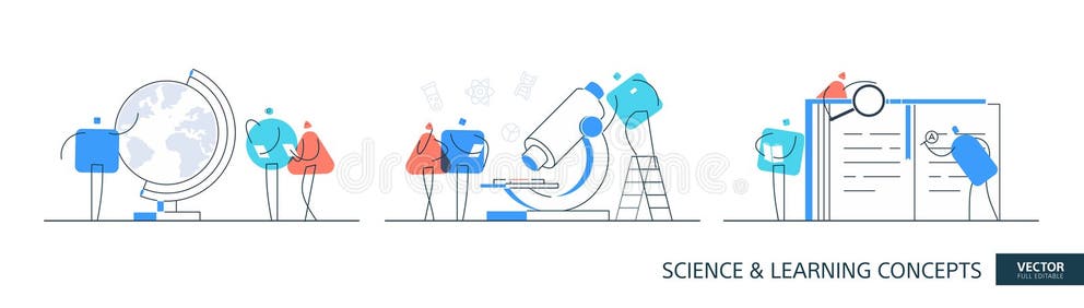 Scientific Research Illustrations Set in Thin Line Style. School ...