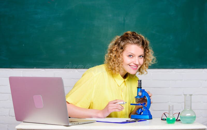 Scientific Research. Microbiology Concept. Student Girl with Laptop and ...