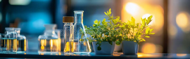 Scientific Research Setup with Glassware and Fresh Plants in a ...