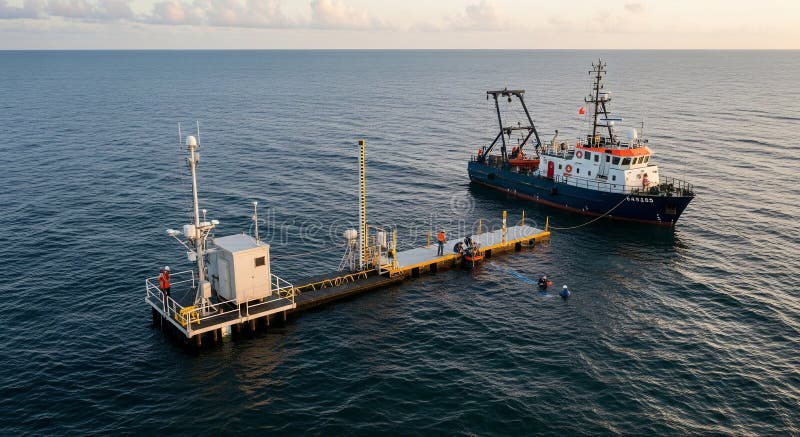 Scientific Research Vessel Docks Alongside a Remote Oceanographic Data Collection Platform with ...