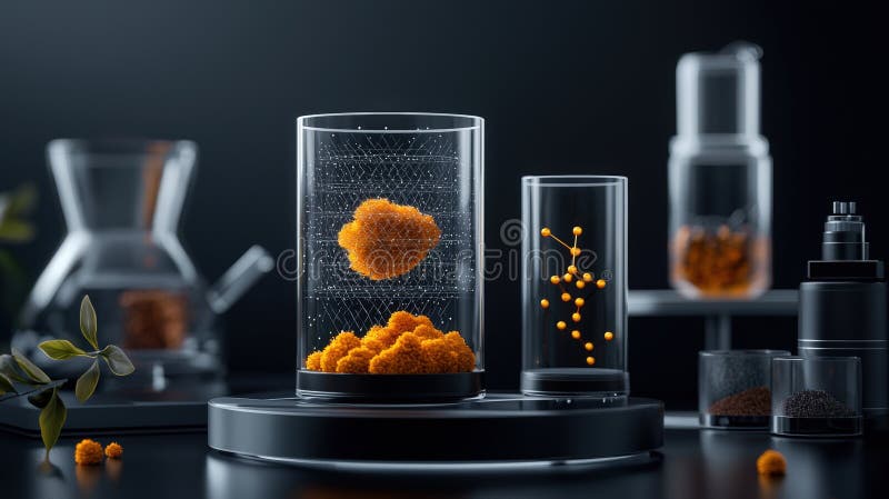 Scientific Setup Featuring Vibrant Orange Particles in Glass Containers ...