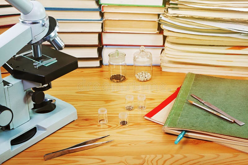 Scientific Study. Microscope and Books Stock Photo - Image of test ...