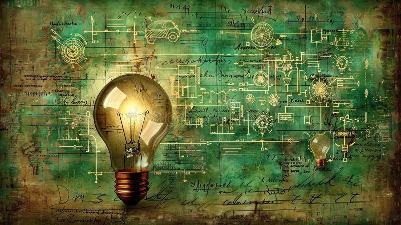 Scientific Thought Glowing Lamp among Physical and Math Formulas in ...