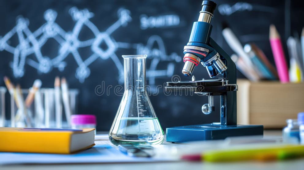 Scientific Workspace with Microscope and Glassware during a Laboratory ...
