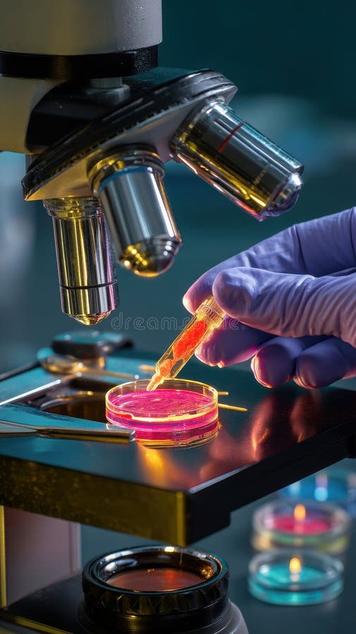 Scientist Adds Red Liquid To Petri Dish Under Microscope for Scientific ...