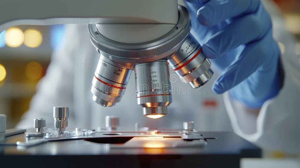 Scientist Adjusting Microscope Lens in Laboratory Stock Illustration ...