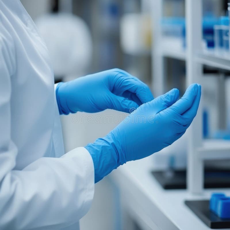 Scientist Adjusting Tight Fitting Blue Nitrile Gloves in Laboratory ...