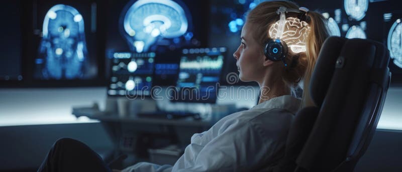 Scientist Adjusts the Device. in the Modern Brain Study Laboratory ...
