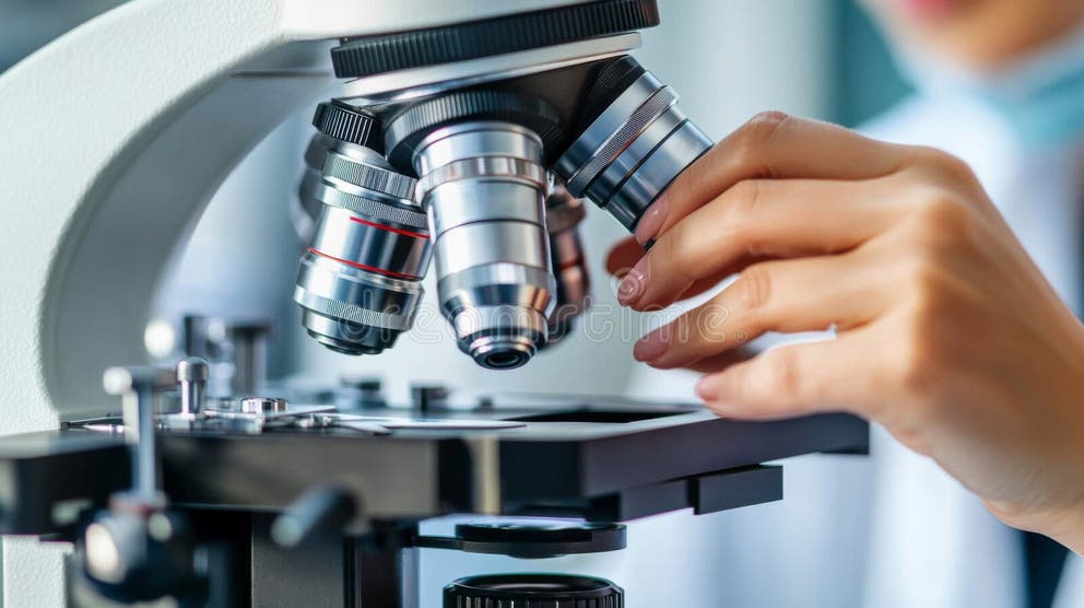 A Scientist Adjusts a Microscope Lens Carefully Stock Illustration ...