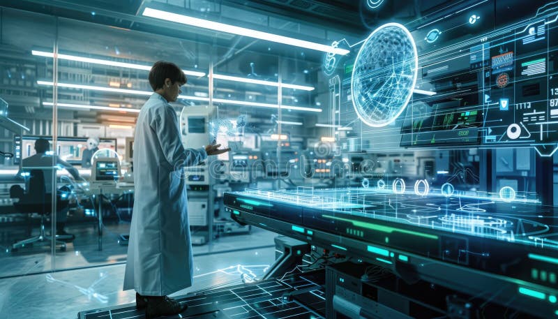 Scientist with AI in Futuristic Lab AIG60 Stock Image - Image of ...