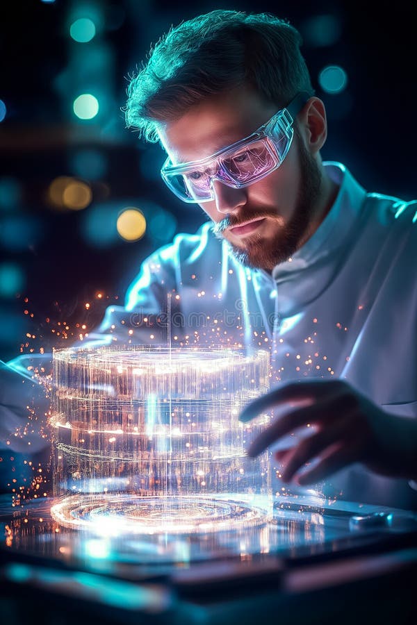 The Scientist Analyzes Data with Glowing Holograms in a Vibrant, High ...