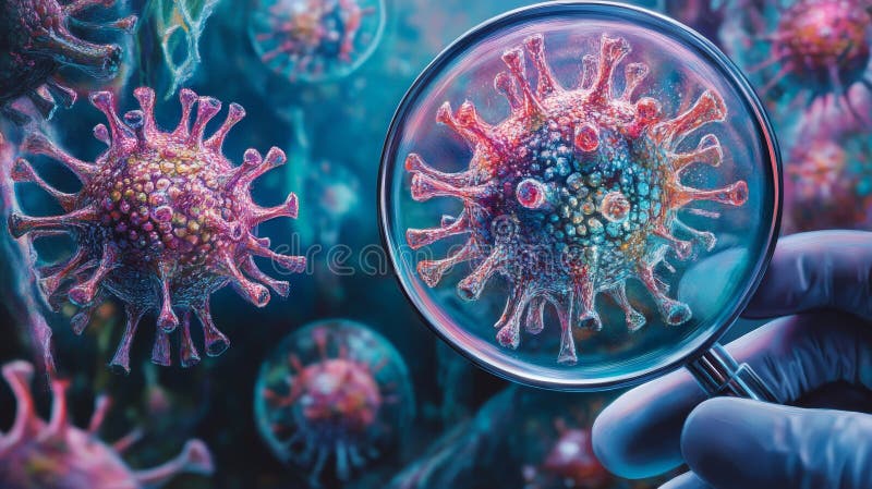 Scientist Analyzes Virus Structure Using Magnifying Glass in Laboratory ...