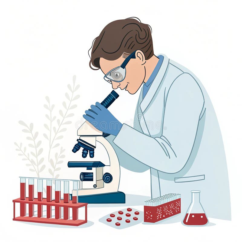 Scientist Analyzing Blood Samples Under Microscope Stock Illustration ...