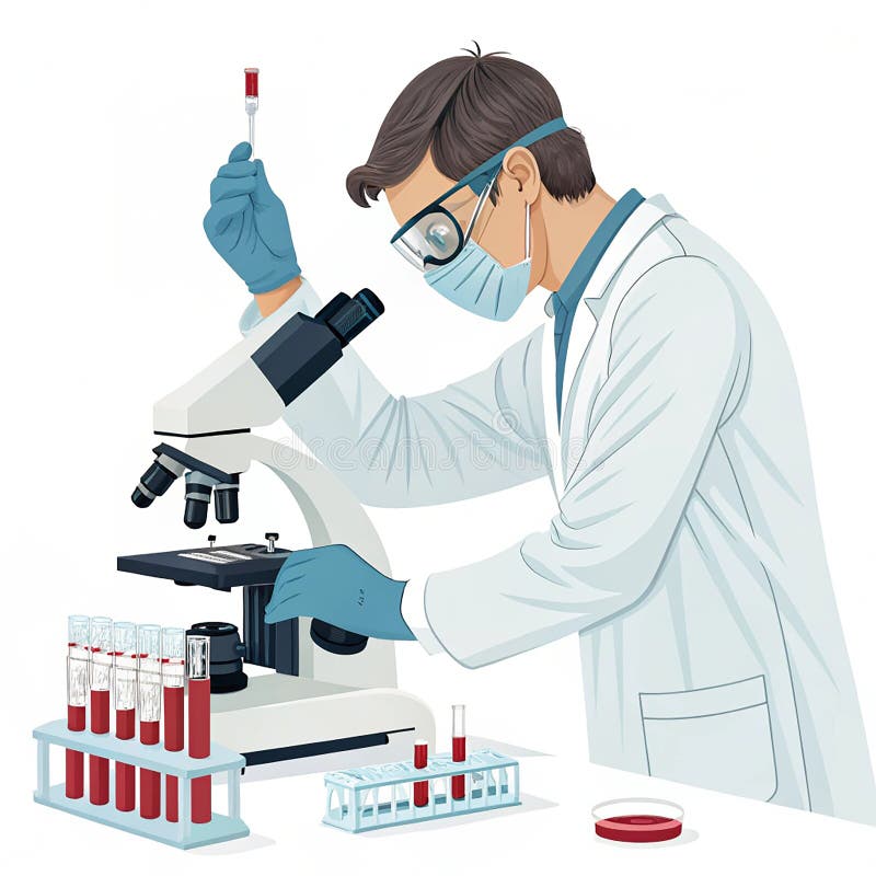 Scientist Analyzing Blood Samples Under Microscope Stock Illustration ...