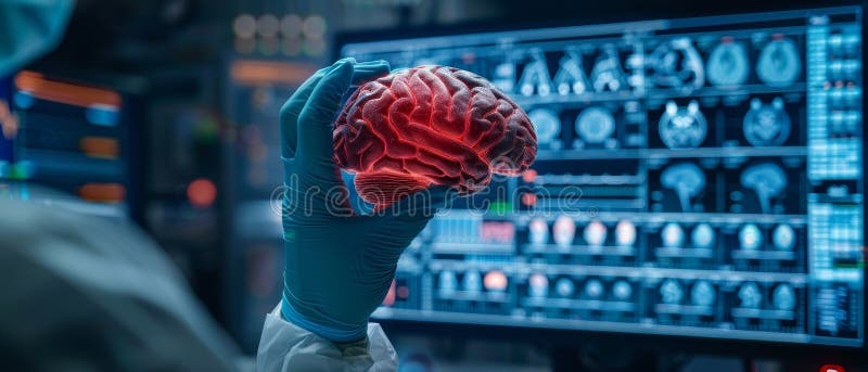 Scientist Analyzing a Brain Model with Advanced Medical Imaging ...