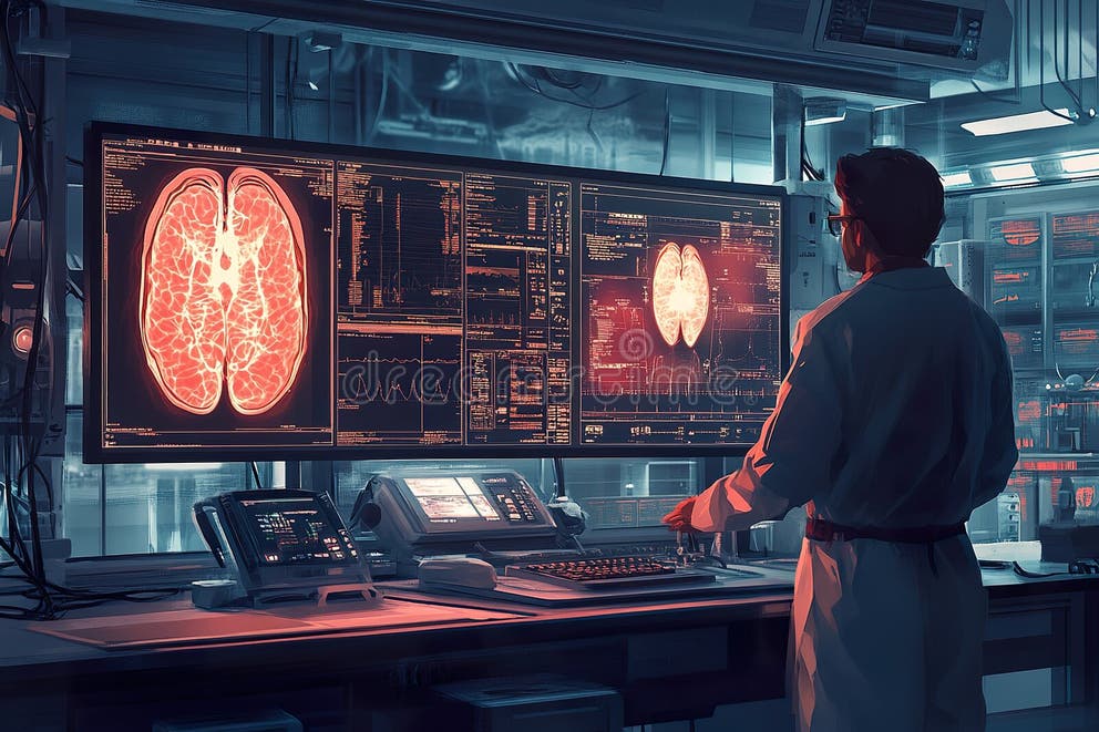 Scientist Analyzing Brain Scans on Large Monitors Stock Image - Image ...