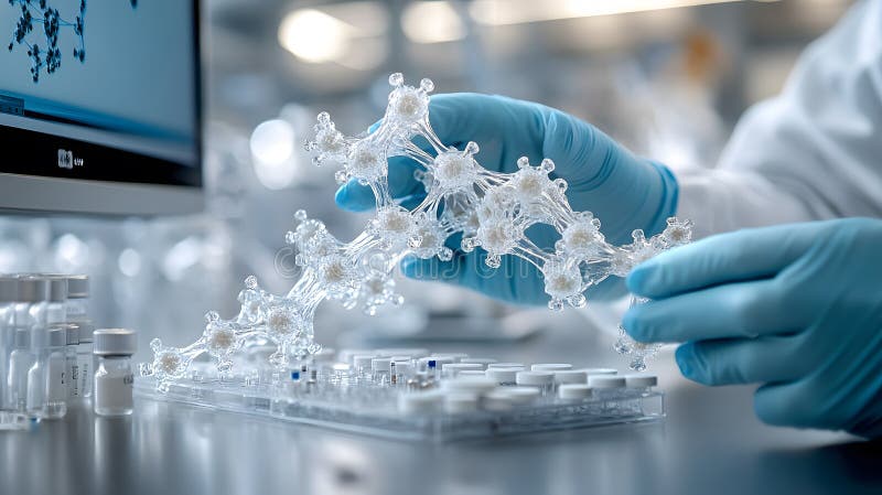 Scientist Analyzing a Complex Molecular Model with Gloved Hands in a ...