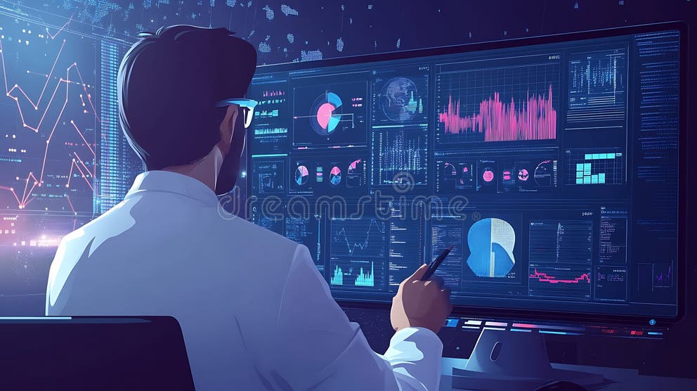 Data Analysis Scientist Analyzing Big Data Analytics Dashboard on Computer Screen for Insights ...