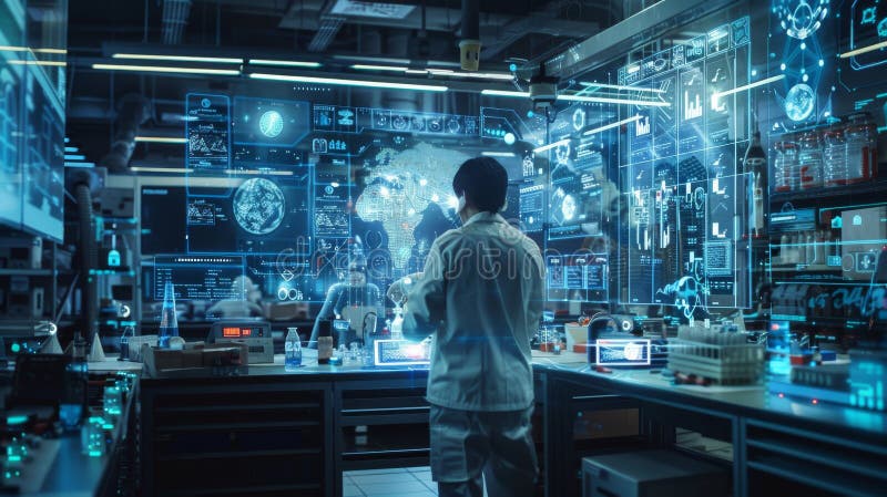 Scientist Analyzing Data on Futuristic Digital Screens in a High-tech ...