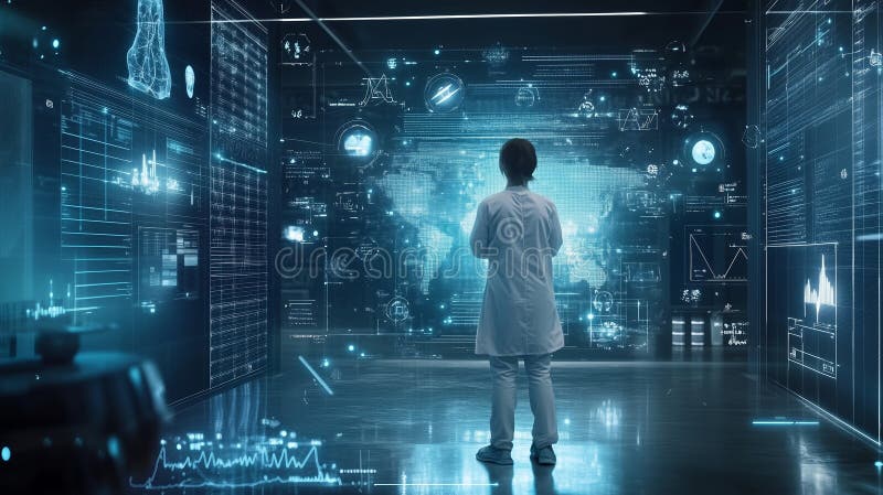 Scientist Analyzing Data in a Futuristic Lab with Holographic Displays ...