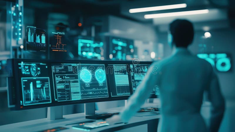 Scientist Analyzing Data in a High-tech Laboratory with Glowing Screens ...