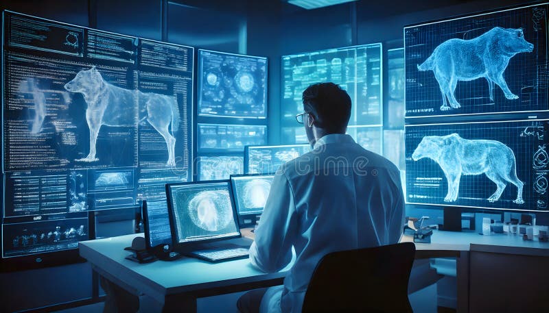 Scientist Analyzing Dire Wolf Anatomy in a High-Tech Laboratory Stock ...