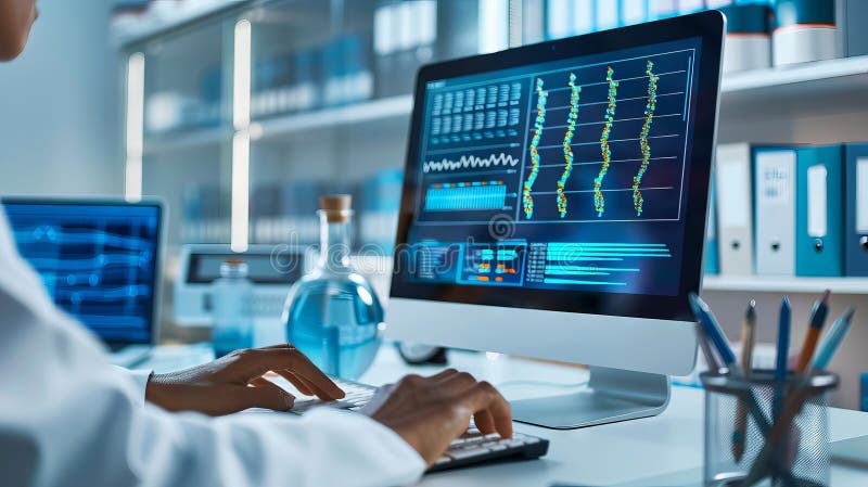 Scientist Analyzing Genetic Data on Computer in Modern Lab. Concept of ...