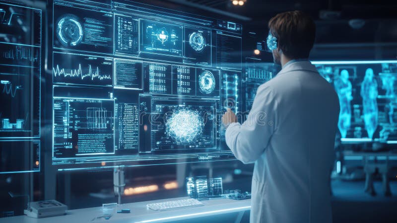 Scientist Analyzing Holographic Data in a High-Tech Lab Stock Image ...