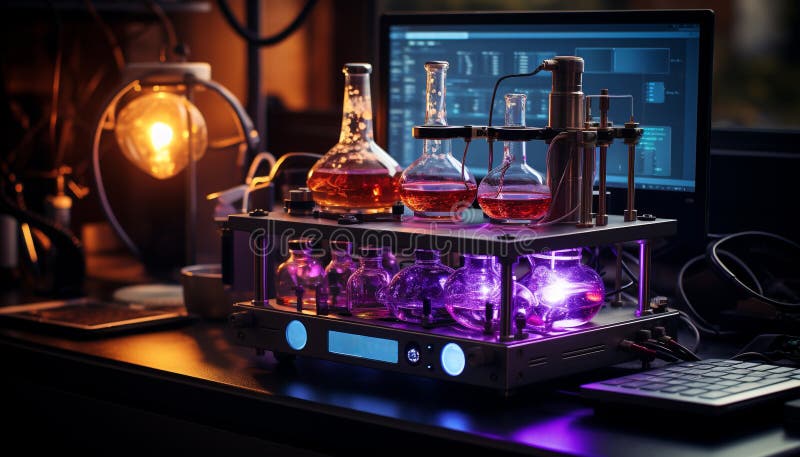 Scientist Analyzing Liquid in Illuminated Flask for Scientific ...